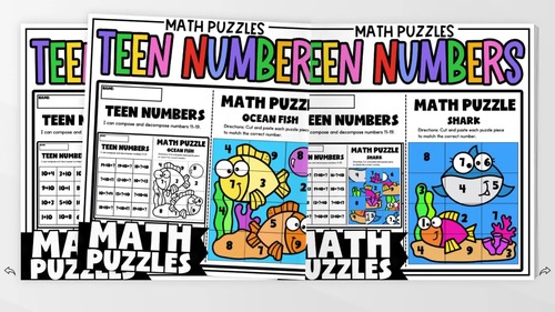 Compose and Decompose Teen Numbers Cut & Paste Math Puzzles | Ocean Theme