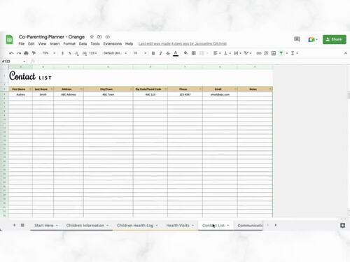 Co-Parenting Planner Google Sheets Spreadsheet - Orange by Mom Money Map