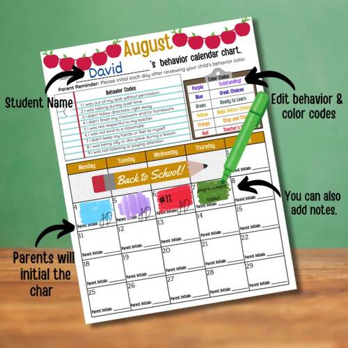 Editable Behavior Chart | Color Classroom Management Template | TPT