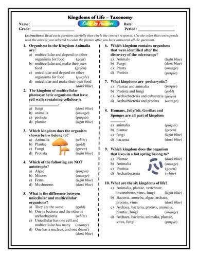 Six Kingdoms of Life Color by Number|Taxonomy| Classification|6 ...