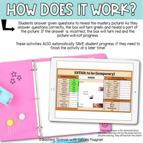 Spanish Indefinite Articles Self Checking Mystery Picture Digital Resource