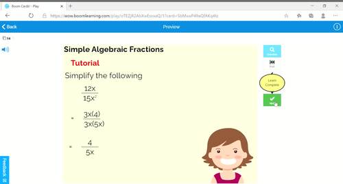 Simplifying Algebraic Fractions Boom Cards for Distance Learning