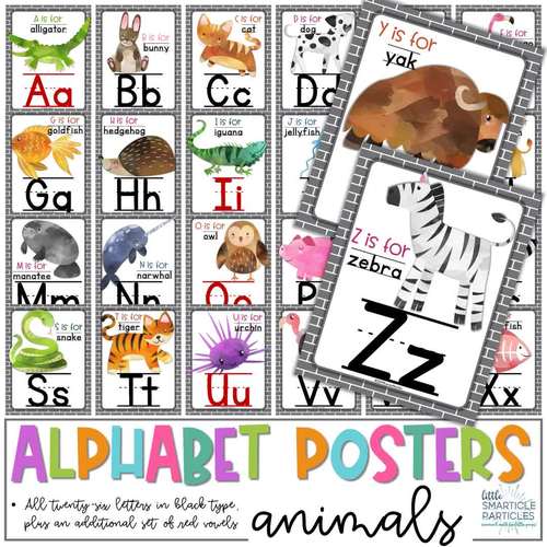 Alphabet Posters - Watercolor Animals by Little Smarticle Particles