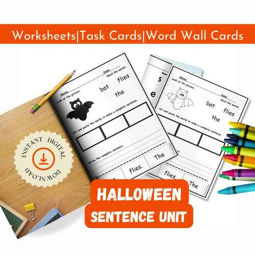Halloween Sentence Scramble Worksheets 3 - 7 Word Sentences with Flash ...