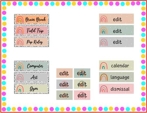 Spotty Boho Rainbow Classroom Schedule Labels, Editable Classroom Decor