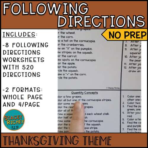 Thanksgiving Speech Therapy Following Directions Activities and Worksheets