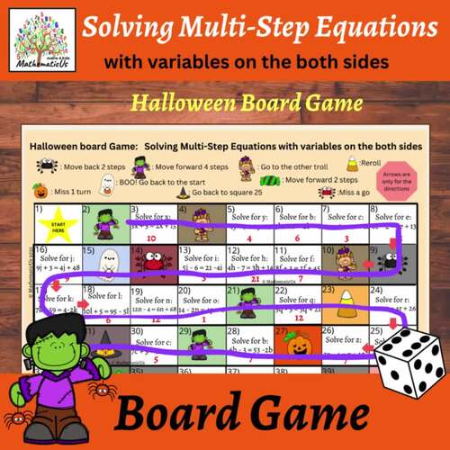 Solving Multy-Steps Linear Equations Maths Halloween board Dice Game