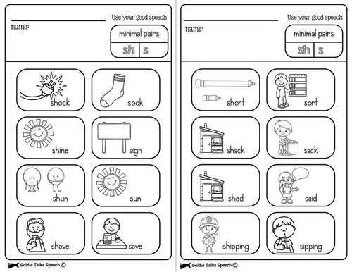 Minimal Pairs SH, S Half Page Homework | Articulation | Speech Therapy
