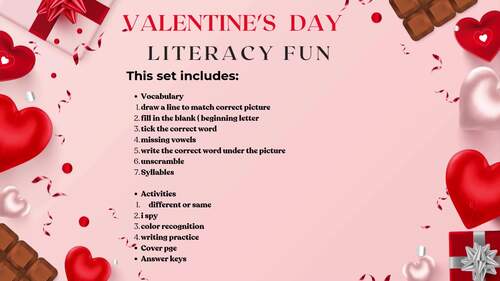 Math and Literacy Valentines' Day Themes worksheets Activity by MJ MAY
