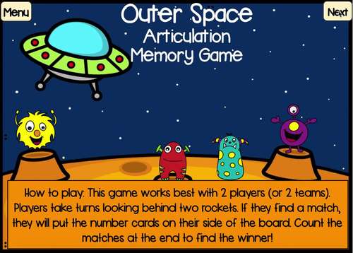 Outer Space Articulation Memory Matching Game Boom Cards™ Speech Therapy