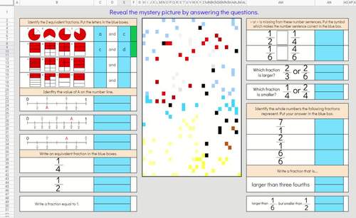 Digital Math Pixel Art Mystery Picture 3rd Grade 3.NF.3 - Equivalent ...
