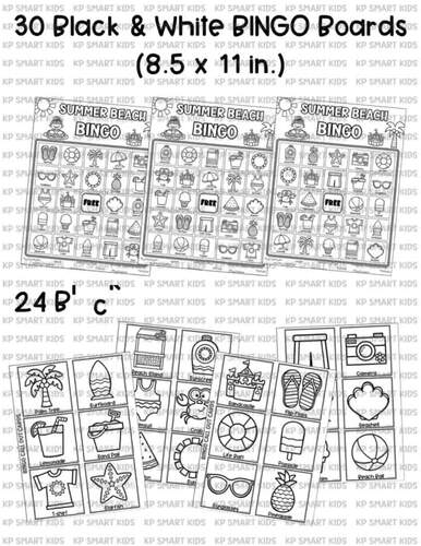 Summer Beach BINGO Game 30 Black & White Printable Boards for Pre-K to ...