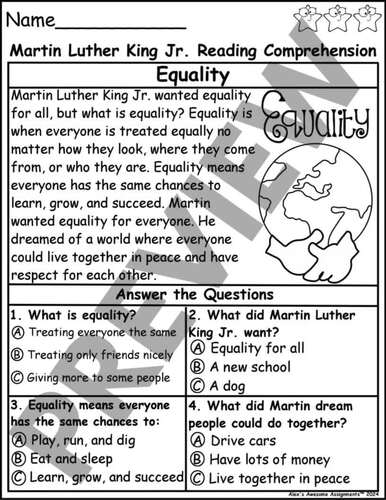 10 Martin Luther King Jr. Reading Comprehension Passages 1st Grade ...
