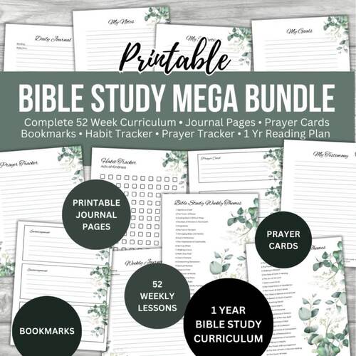 Bible Study Curriculum, Printable Bundle, 52 weekly lessons, exercises ...