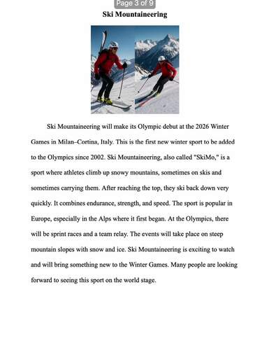 Italy - Ski Mountaineering Reading Comprehension Worksheet, Winter ...