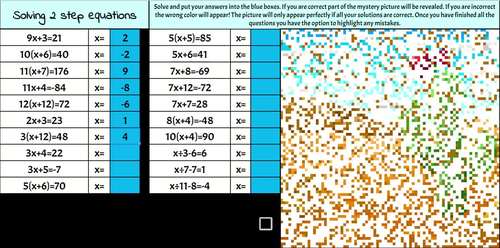Solving Two Step Equations Pixel Art | Integer Variables | TPT