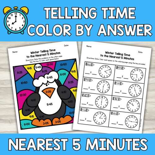 Telling Time to the Nearest 5 Minutes | Color by Answer Number (Winter ...