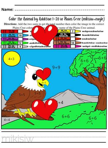 Plains Cree Eagle (Mikisiw) Color by Addition 1-20 Using Cree Colors No ...