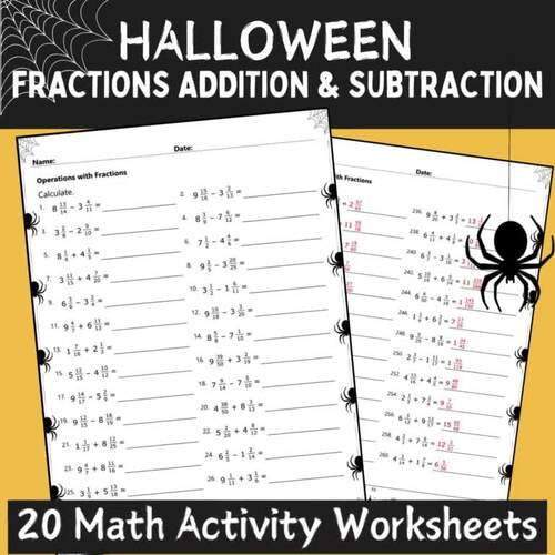 Halloween Fraction Addition & Subtraction Unlike Denominators 20 ...