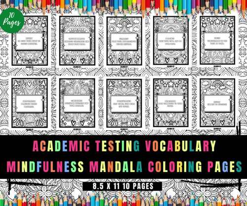 Academic Testing Vocabulary, Mindset and Mindfulness Mandala Coloring Pages