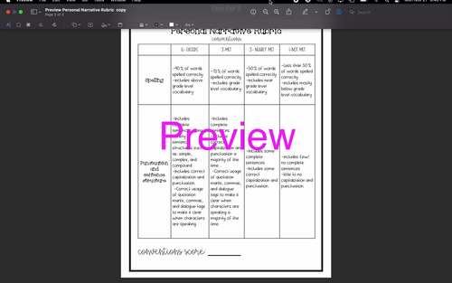 English: Personal Narrative Writing Rubric (Printable PDF) by Singer in ...