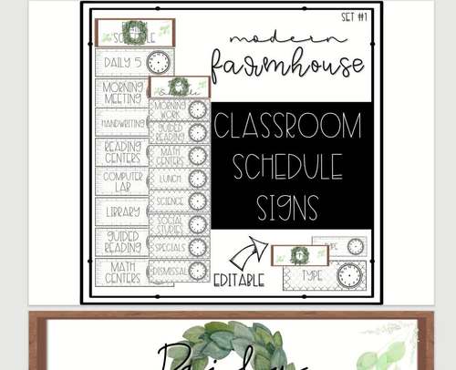 Modern Farmhouse Classroom Schedule poster cards/ with clock times ...