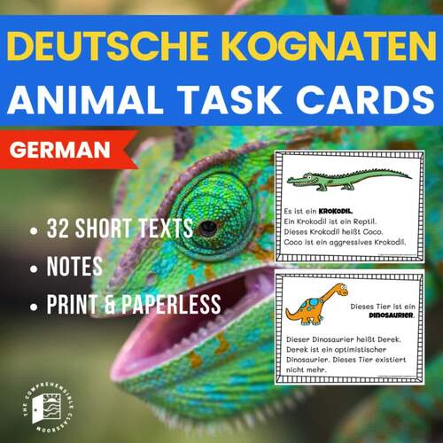 German Cognates - 32 reading task cards about animals (DIGITAL included)