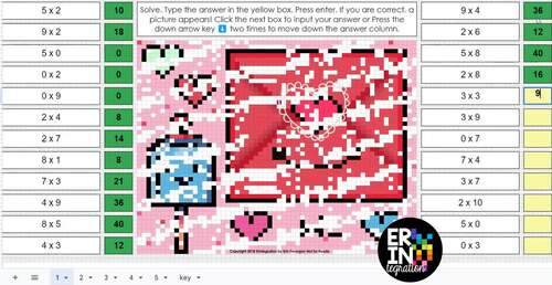Valentines Day Pixel Art Math Multiplication and Division on Google Sheets