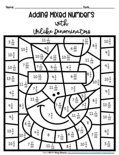 Adding Mixed Numbers with Unlike Denominators Color by Number-Winter Theme
