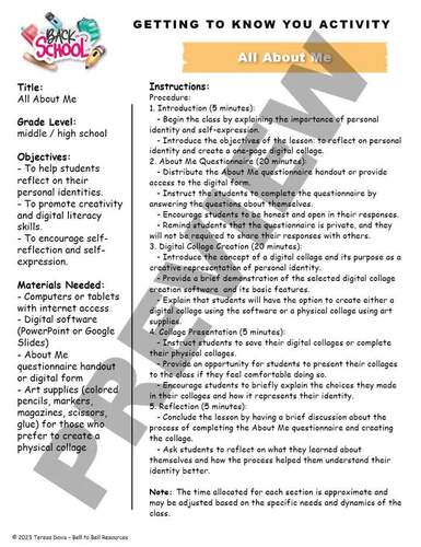 Back to School All About Me Collage Activity by Bell to Bell Resources
