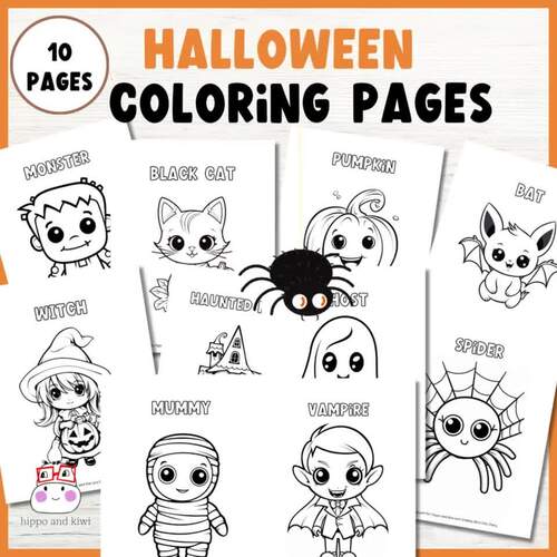Halloween Coloring Pages for preschoolers by Hippo and Kiwi | TPT