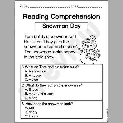Winter Reading Comprehension Worksheets for Grade 1–2 | Color & B&W ...