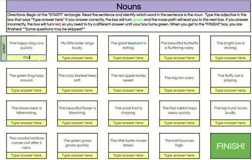 Digital Self Checking Maze Activity: Identifying Nouns (Google Sheets)