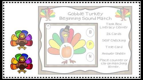 Gobble Turkey Beginning Sound Clip Cards Fall Task Box Center Thanksgiving