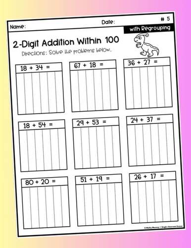 Back to School 2-Digit Addition Within 100 | Regrouping Vertical Math ...