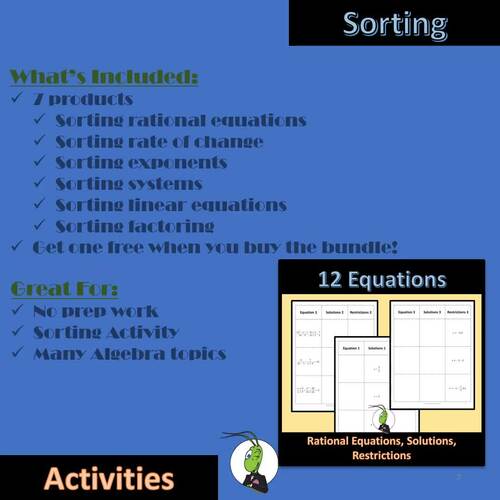 Algebra Full Year Sorting Activity Bundle by Grasshopper Mathematics