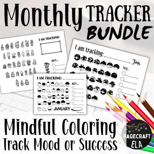 BUNDLE of PRINTABLE Monthly Tracker One-Pagers | Mindful Coloring | Mood