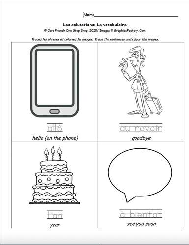 Core French Greetings Unit Vocabulary Handout by Core French One Stop Shop