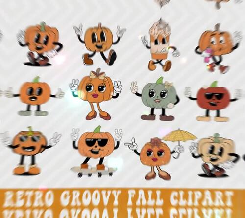 Retro Fall Png Bundle, Groovy Autumn Png, Fall Digital Ressources