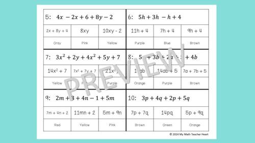 Combining Like Terms Color by Code | No Negatives | 6th Grade | TPT