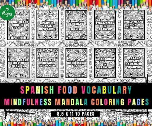 Spanish Vocabulary Food Mindfulness Relaxing Coloring Pages, No Prep