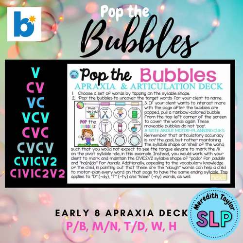 POP THE BUBBLES Early 8 Apraxia Articulation Speech Boom Cards P B M N ...