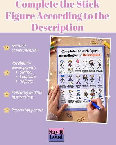 Reading Comprehension Worksheet A1–A2 | Complete the Stick Figure Activity
