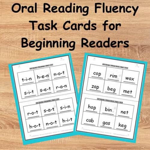 Oral Reading Fluency Task Cards for Beginning Readers – CVC Words - K & 1