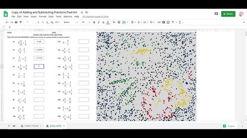 Google Sheets Digital Pixel Art Math Adding and Subtracting Fractions