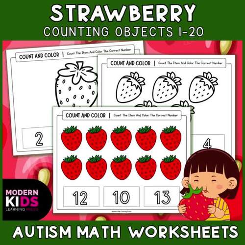 Strawberry Counting Objects to 20 - Autism Math Activities Worksheet