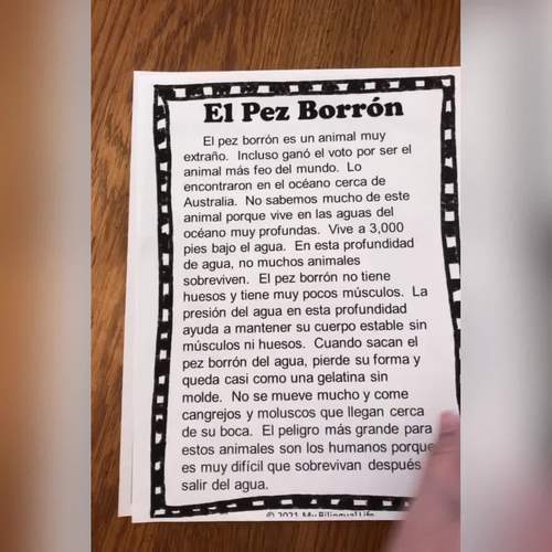 Blobfish / Pez Borrón - Spanish Reading Comprehension Activity Printable