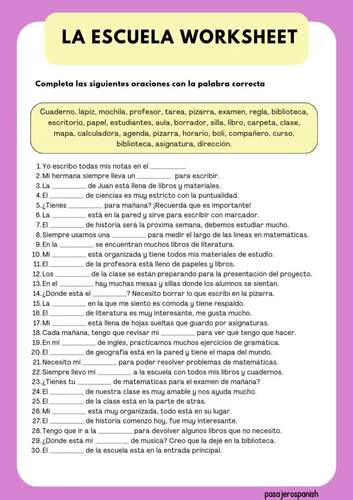 LA ESCUELA VOCABULARIO HOJA DE TRABAJO SCHOOL SPANISH VOCABULARY WORKSHEET