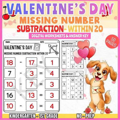 Valentine’s Day Missing Number Subtraction Within 20 Worksheets | No ...
