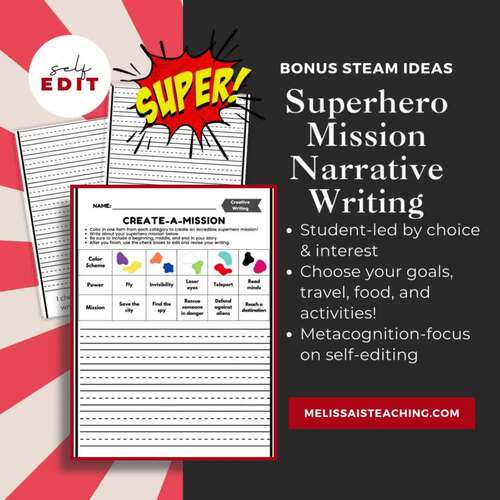 Superhero Story Narrative Writing + Editing, Sub Plan 2nd 3rd 4th 5th Grade